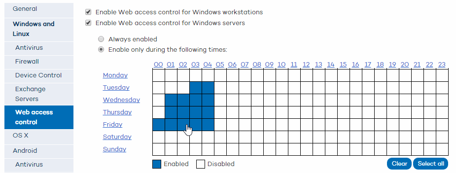Configuring time periods for the Web access control feature