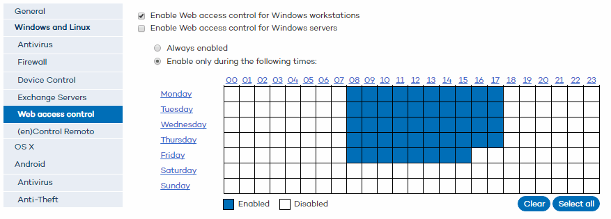 Configuring time periods for the Web access control feature